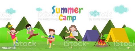 광고 브로셔 또는 포스터에 대한 아이 여름 캠프 배너 템플릿 배경 교육 캠핑 활동을하는 행복한 아이들 포스터 전단지 텍스트 벡터 일러스트 레이 션 개념에 대한 스톡 벡터