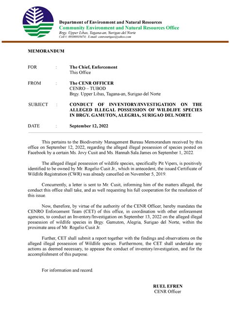 Memo Inventory To Cusitt Department Of Environment And Natural Resources Community Environment