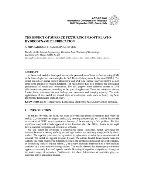 Pdf The Effect Of Surface Texturing In Soft Elasto Hydrodynamic Lubrication