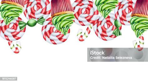 수채화 프레임 크림과 사탕을 곁들인 크리스마스 달콤한 머핀이 있는 템플릿입니다 새해 손 그림 빨간색과 녹색 컵 케익 흰색 배경에 고립되어 있습니다 디자이너 음식 장식 메뉴