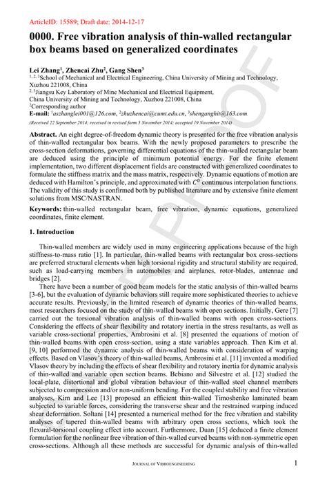 Pdf Free Vibration Analysis Of Thin Walled Rectangular Box Beams Based On Generalized Coordinates