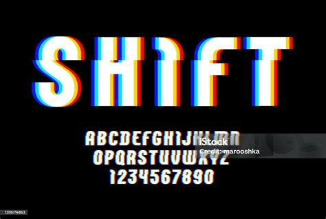 왜곡 된 글리치 효과의 알파벳 현대 흰색 글꼴 라틴어 문자를 A에서 Z로 숫자를 0에서 9로 전환하고 효과를 슬라이스했습니다