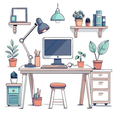 A Minimalist Home Office Workspace With A Computer Desk Lamp Plants And