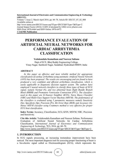 Performance Evaluation Of Artificial Neural Networks For Cardiac Arrhythmia Classification Pdf
