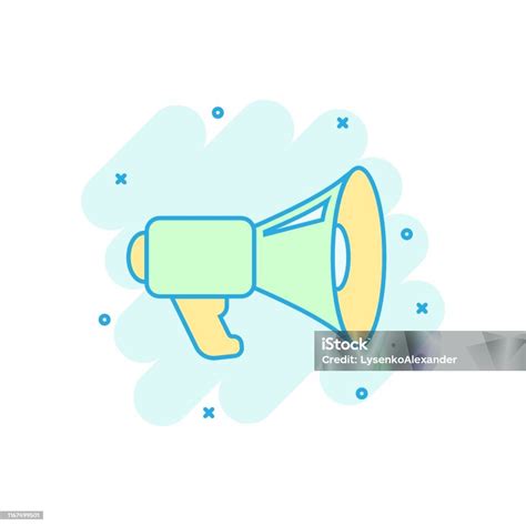 만화 스타일의 메가 폰 스피커 아이콘 흰색 고립 된 배경에 불혼 벡터 만화 그림입니다 비명 발표 비즈니스 개념 스플래시 효과 관악기에 대한 스톡 벡터 아트 및 기타 이미지