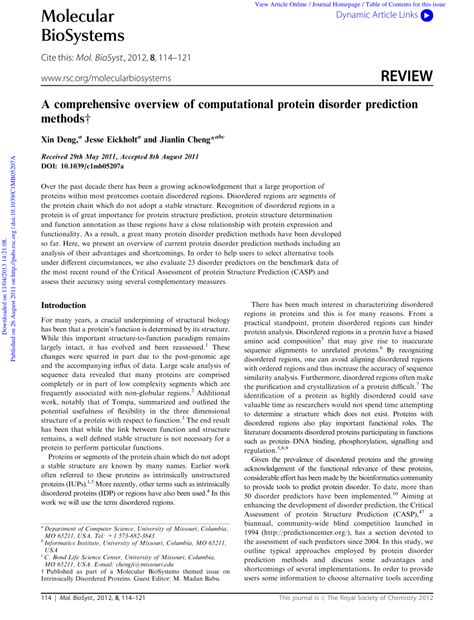 Pdf A Comprehensive Overview Of Computational Protein Disorder