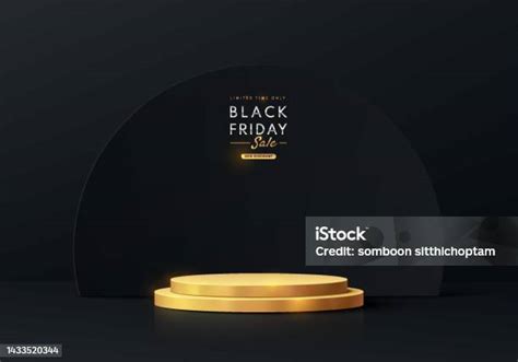 사실적인 3d 골든 실린더 받침대 연단과 세미 서클 장면 고급 배경 블랙 프라이데이 판매 개념 모형 제품 무대 쇼케이스 프로모션
