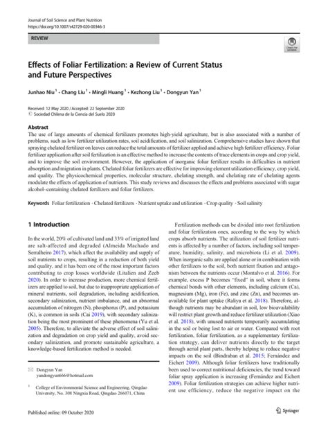 Effects Of Foliar Fertilization A Review Of Current Status And Future Perspectives Niu Liu