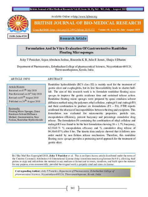 Pdf Formulation And In Vitro Evaluation Of Gastroretentive Ranitidine Floating Microsponges