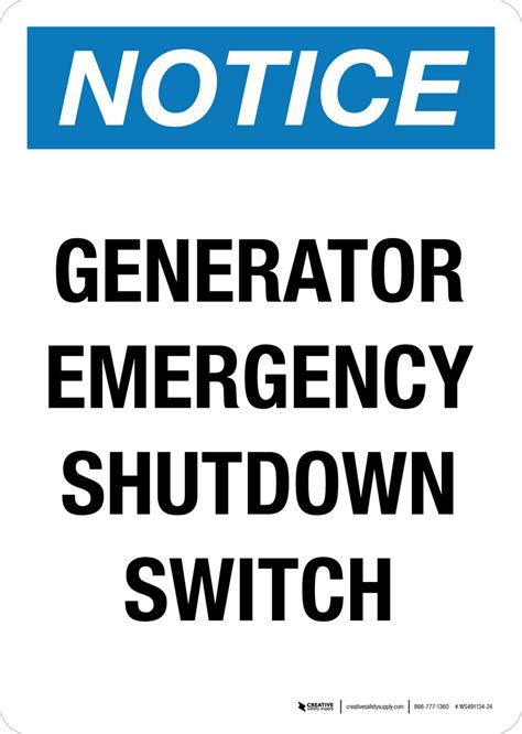 Notice Generator Emergency Shutdown Switch Portrait Wall Sign