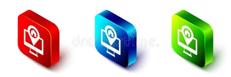 Isometric Computer Monitor And Folded Map With Location Marker Icon Isolated On White Background