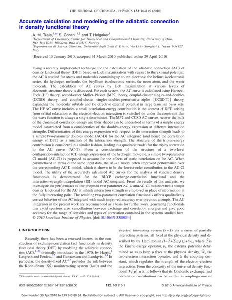 Pdf Accurate Calculation And Modeling Of The Adiabatic Connection In Density Functional Theory