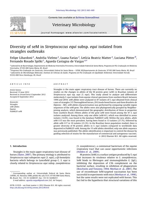 Pdf Diversity Of Sem In Streptococcus Equi Subsp Equi Isolated From Strangles Outbreaks