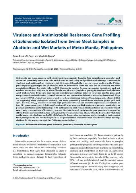 Pdf Virulence And Antimicrobial Resistance Gene Profiling Of Salmonella Isolated From Swine