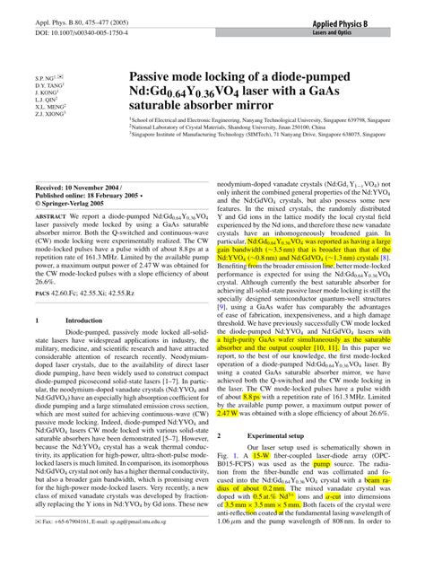 Pdf Passive Mode Locking Of A Diode Pumped Nd Gd 0 64 Y 0 36 Vo 4