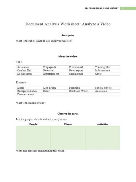 Document Analysis Worksheet Pdf