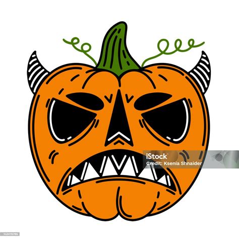 할로윈 호박 벡터 아이콘입니다 잭 랜턴은 흰색에 고립되어 있습니다 야채에 무서운 소름 끼치는 얼굴 뿔이있는 악마 끔찍한 미소