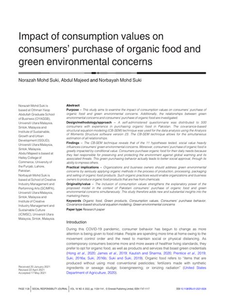 Impact Of Consumption Values Mayo 2021 Pdf Behavior Organic Foods