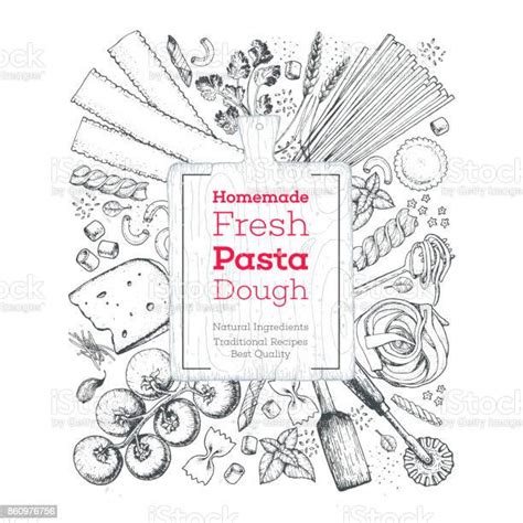 이탈리아 파스타 레이블입니다 손으로 그린 벡터 일러스트 레이 션 파스타 종류의 컬렉션입니다 이탈리아 식품 디자인 서식 파일입니다 새겨진된 스케치 스타일입니다 이탈리아