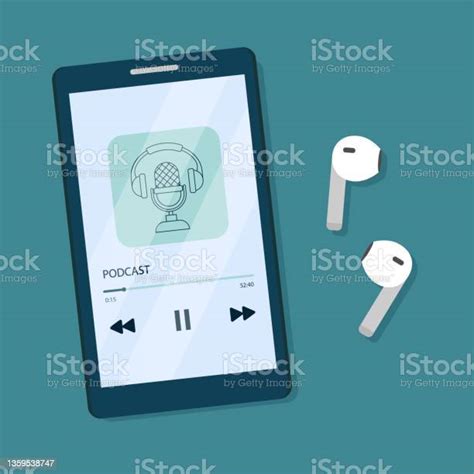 무선 이어폰이 있는 스마트폰과 팟캐스트 청취 를 위한 애플리케이션 팟캐스트 컨셉 플랫 만화 스타일의 벡터 일러스트레이션 팟