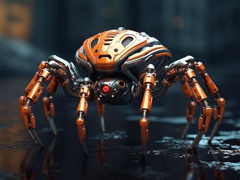Premium Ai Image Photograph Of A Pearlescent Orange Red Spider Mecha Robot With Metallic Armor