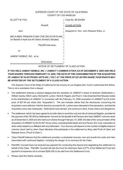 Notice Of Settlement Of Class Action Gilardi And Co Llc