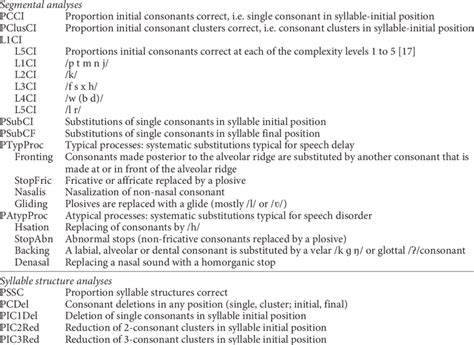 overview of the variables determined by the segmental and syllable