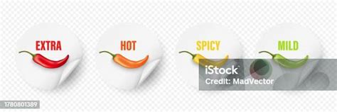 매운 칠리 페퍼 레벨이 있는 현실적인 벡터 라운드 스티커 빨강 주황 노랑 녹색 할라피뇨 고추 강도 측정기 스티커 표시기 계기판 측정기에 대한 스톡 벡터 아트 및 기타 이미지