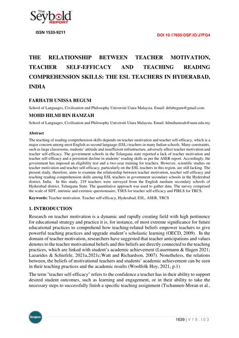 Pdf The Relationship Between Teacher Motivation Teacher Self Efficacy And Teaching Reading