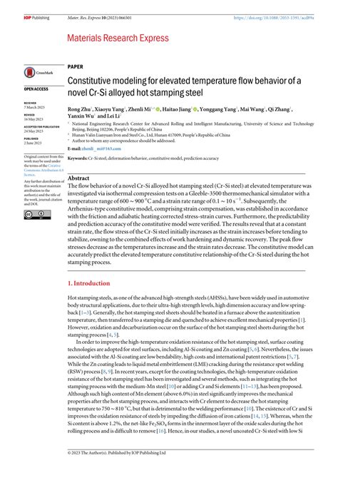 Pdf Constitutive Modeling For Elevated Temperature Flow Behavior Of A Novel Cr Si Alloyed Hot
