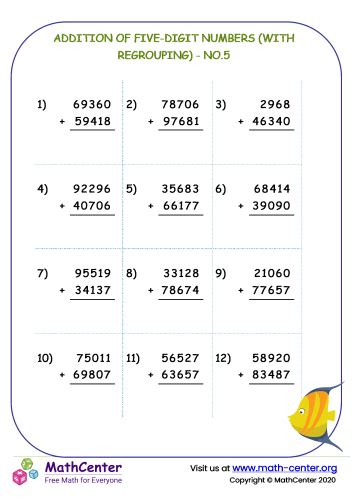Addition Of Five Digit Numbers With Regrouping No5 Worksheets