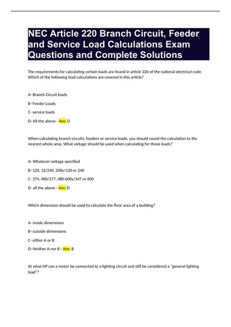 Nec Article 220 Branch Circuit Feeder And Service Load Calculations Exam Questions And Complete