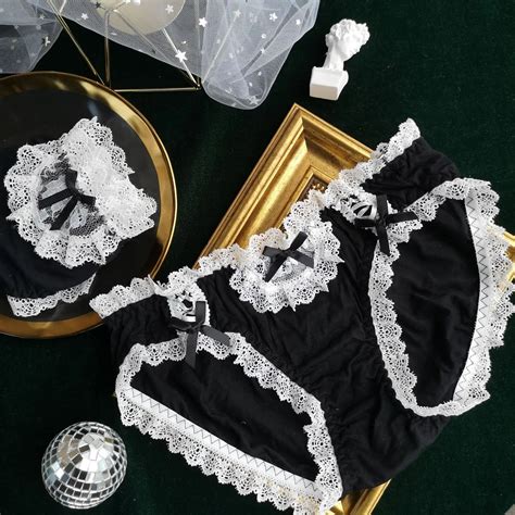 Japanese Modal Underwear Black And White Girl Lace Mid Waist Underwear