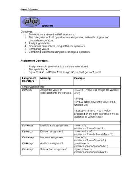 chapter04 php operators pdf boolean data type php