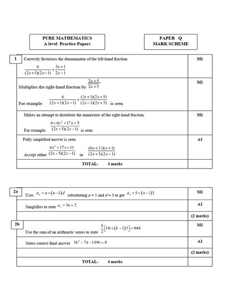 A Level Mathematics Practice Paper Q Pure Mathematics Mark Scheme
