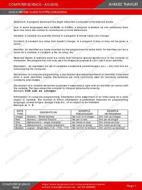 Quick Review Guide For Programming Pdf Subroutine Data Type