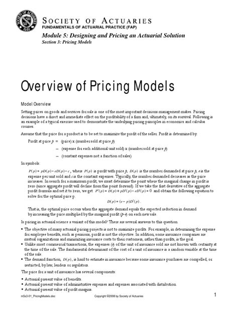 Overview Of Pricing Models Module 5 Designing And Pricing An Actuarial Solution Pdf