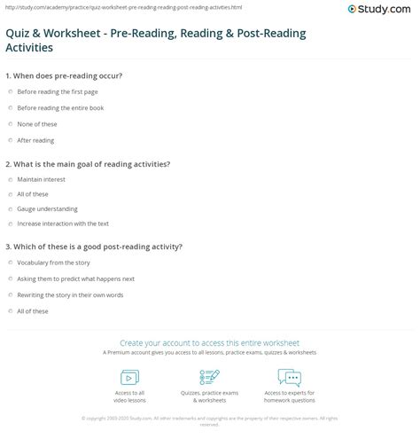 Quiz Worksheet Pre Reading Reading Post Reading Activities Worksheets Library
