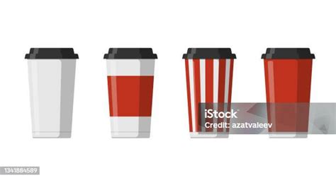 커피 모카 라떼 또는 검은 뚜껑이있는 카푸치노를 위해 설정된 일회용 종이 음료 컵 템플릿 빈 흰색 큰 빨간색 줄무늬 골판지 청량