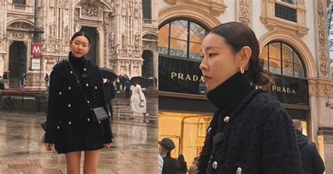 한혜진 비 내리는 밀라노서 나만의 런웨이클래식한 트위드 코트 하의 실종 패션 스타와 패션