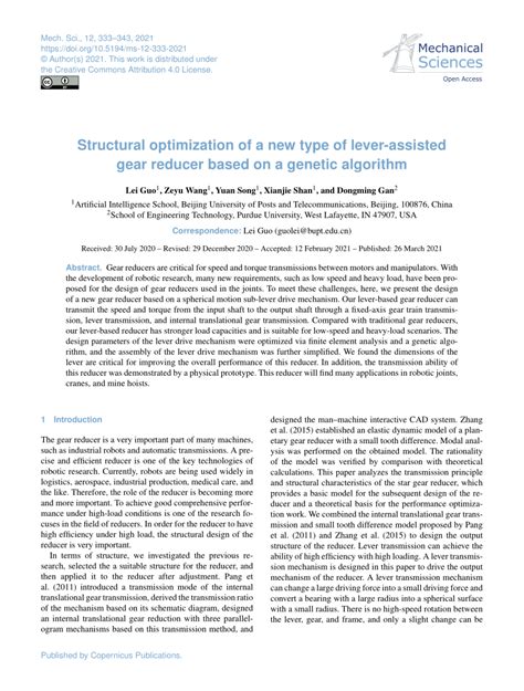 Pdf Structural Optimization Of A New Type Of Lever Assisted Gear Reducer Based On A Genetic