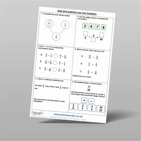 Year 6 Add And Subtract Any Two Fractions Mixed Activity Resource Classroom Secrets