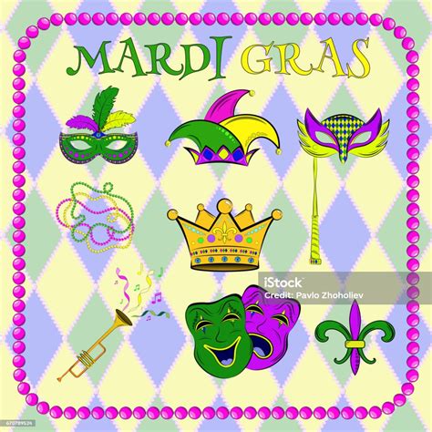 마디 그 라의 벡터 설정된 축 하입니다 기쁨과 슬픔 휴일 마스크 광대 모자 왕관 녹색 보라색과 노란색 색상에서 축제 트럼펫의 마스크 Mardi Gras에 대한 스톡 벡터