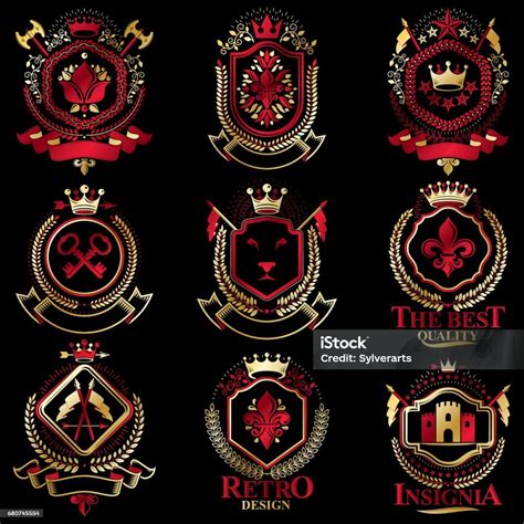 팔의 벡터 고급 전령 코트입니다 빈티지 디자인에 양식에 일치시키는 Blazons의 컬렉션은 그래픽 요소 왕실 왕관과 플래그 별 타워 병기 종교 십자가로 만들었습니다 중세에