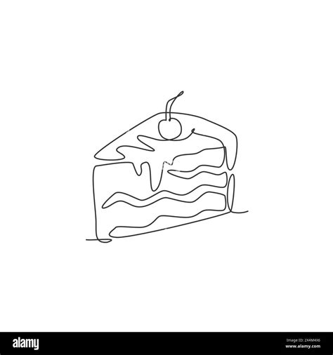 Single Continuous Line Drawing Of Stylized Cut Sliced Cake With Cherry