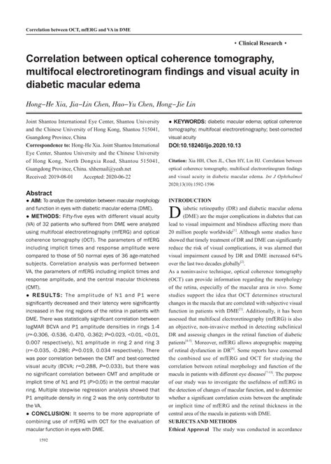 Pdf Correlation Between Optical Coherence Tomography Multifocal Electroretinogram Findings