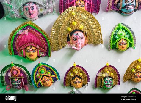Colorful Chhau Or Chhou Mask Handicrafts On Display For Sale At
