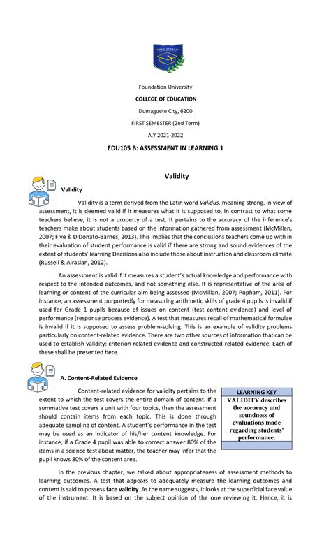 Learning Material 4 Validity Foundation University College Of Education Dumaguete City 6200