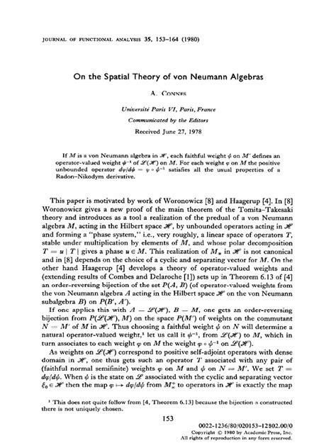 1978 On The Spatial Theory Of Von Neumann Algebras Connes Pdf Hilbert Space Mathematical