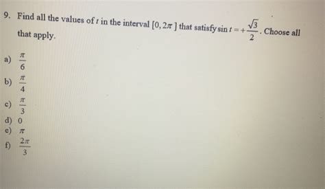 Solved Find all the values of t in the interval 0 2π Chegg com